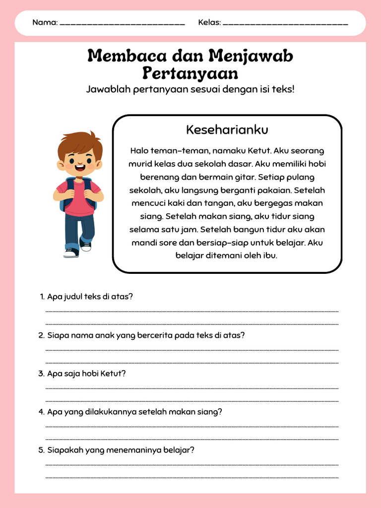 Lembar Kerja Membaca Dan Menjawab Pertanyaan Ilustrasi Pink Putih - 20241006 - 055225 - 0000 | PDF