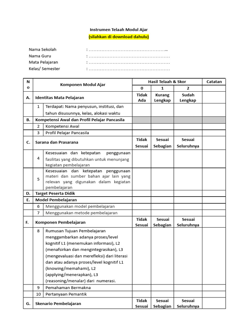 Instrumen Telaah Modul Ajar | PDF | Sains & Matematika
