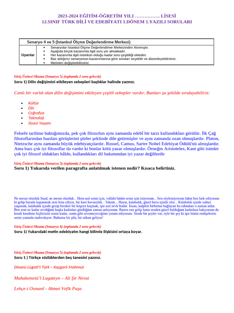 12.sinif Edebiyat 1.donem 1.yazili Soru Ve Cevaplar 2023 2024i | PDF