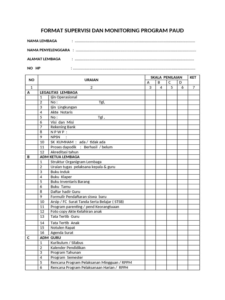 Format Supervisi Paud | PDF | Karier & Perkembangan | Memasak, Makanan ...