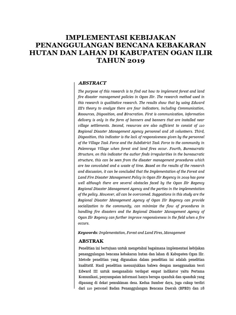Implementasi Kebijakan Penanggulangan Bencana Kebakaran Hutan Dan Lahan Dikabupaten Ogan Ilir ...
