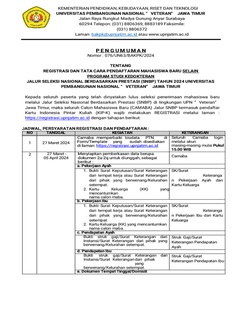 Pengumuman, Jadwal Dan Syarat Registrasi Jalur SNBP 2024 | PDF