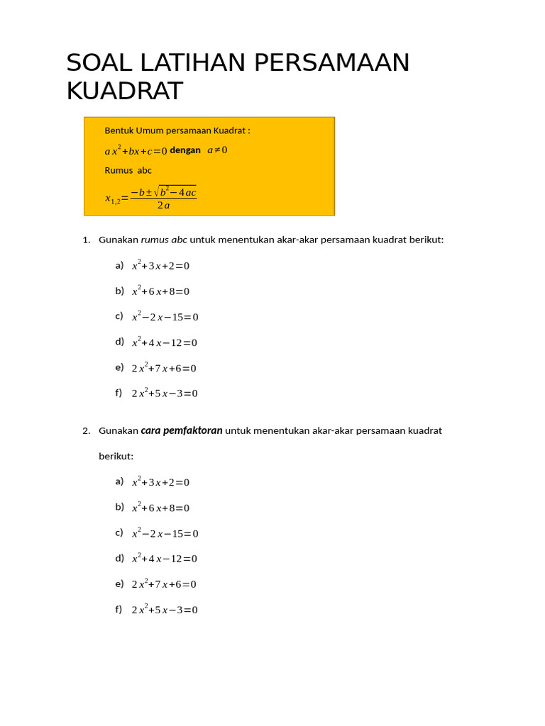 Soal Latihan Persamaan Kuadrat | PDF