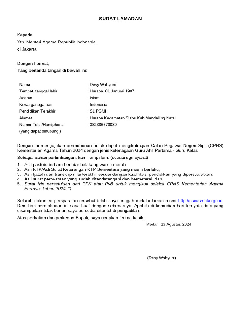Surat Lamaran CPNS Desy | PDF