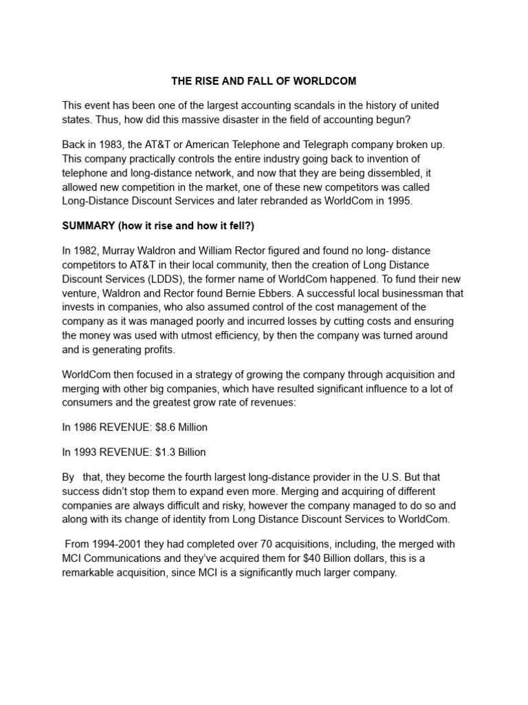 Rise and Fall of Worldcom | PDF | Mergers And Acquisitions | Corporations