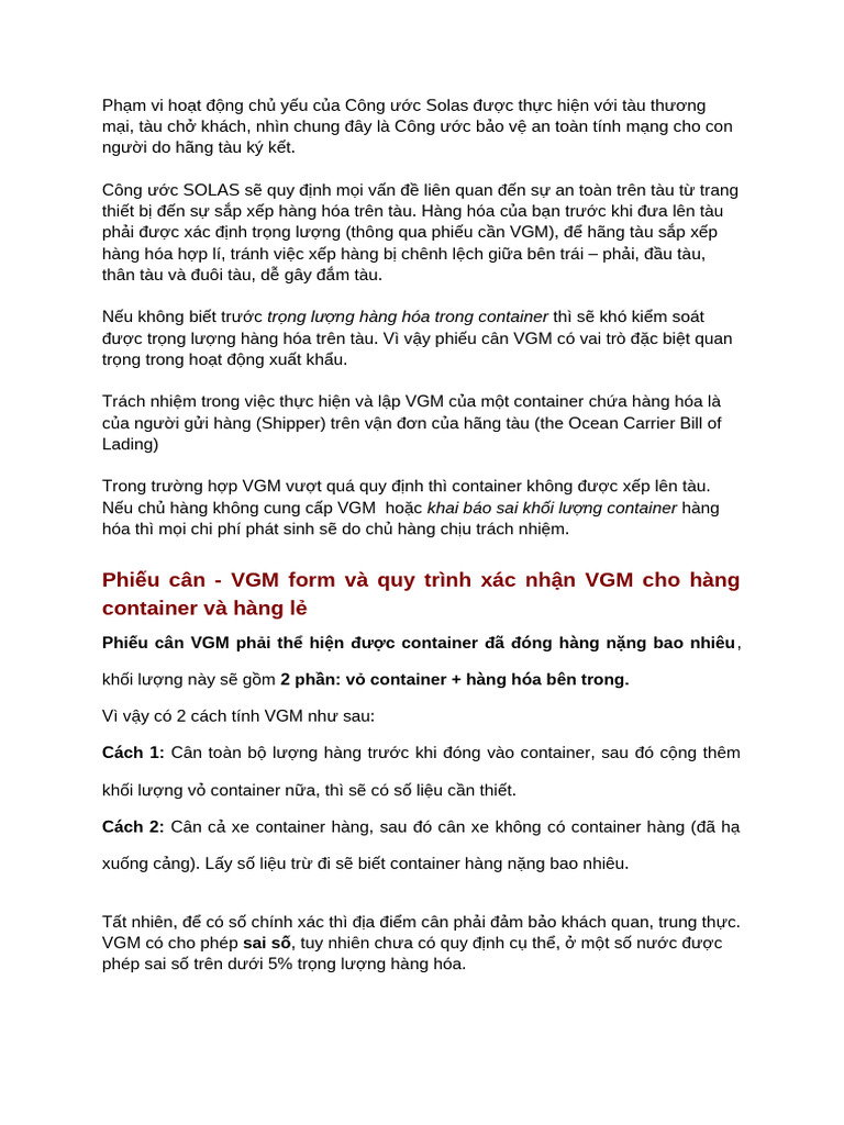 Phiếu cân - VGM form và quy trình xác nhận VGM cho hàng container và ...