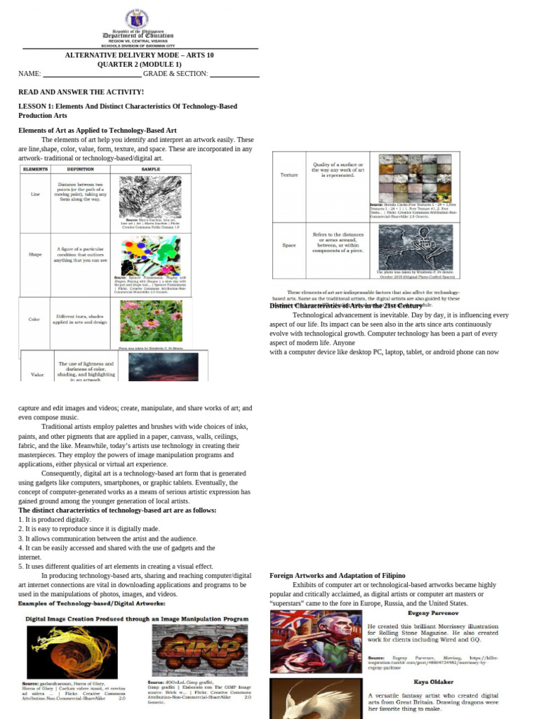 Arts 10 QTR 2 Module 1 Adm Lesson 1 | PDF | Tablet Computer | Computing