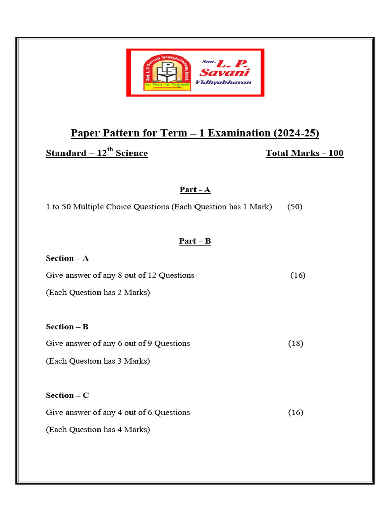 GSEB 11 & 12 Science Term - 1 Paper Pattern-1 | PDF
