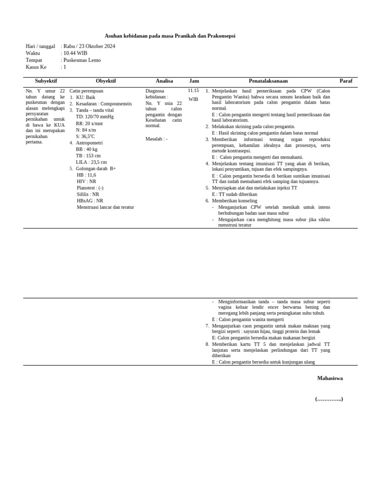 SOAP Pendek Masa Pranikah Dan Prakonsepsi | PDF