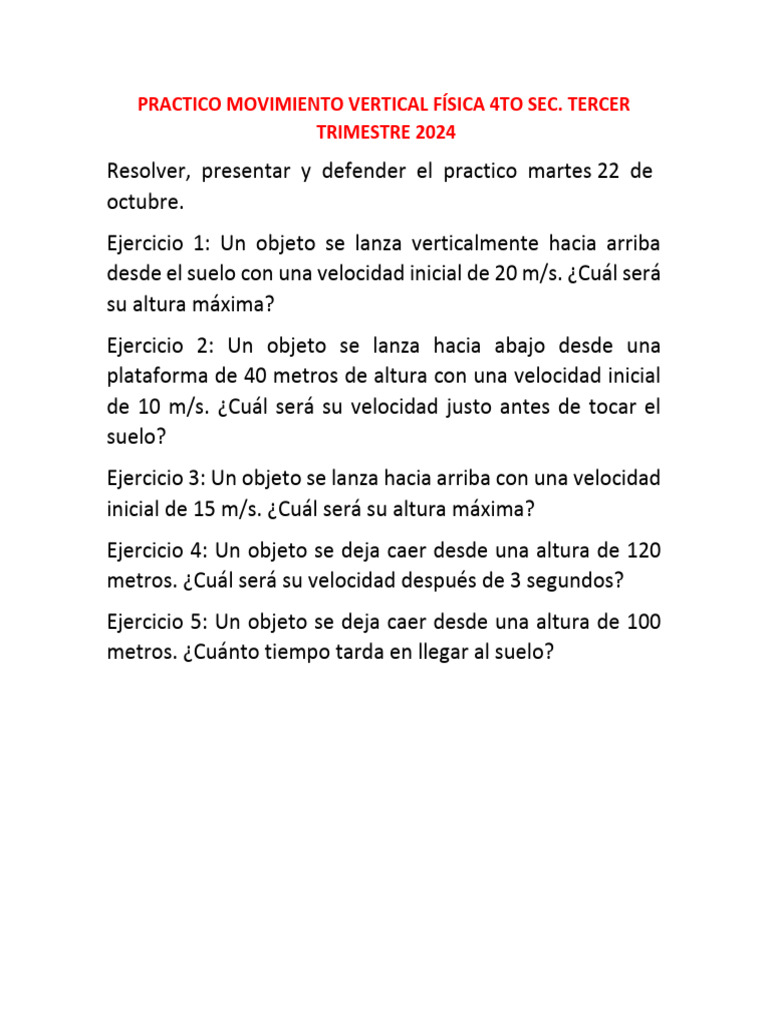 Practico Movimiento Vertical Física 4to Sec | PDF