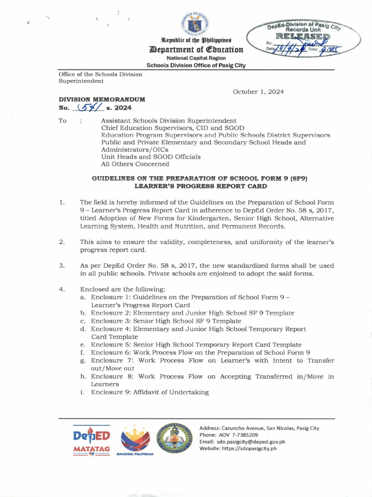 DM No. 541 S. 2024 Guidelines On The Preparation of School Form 9 Sf9 ...