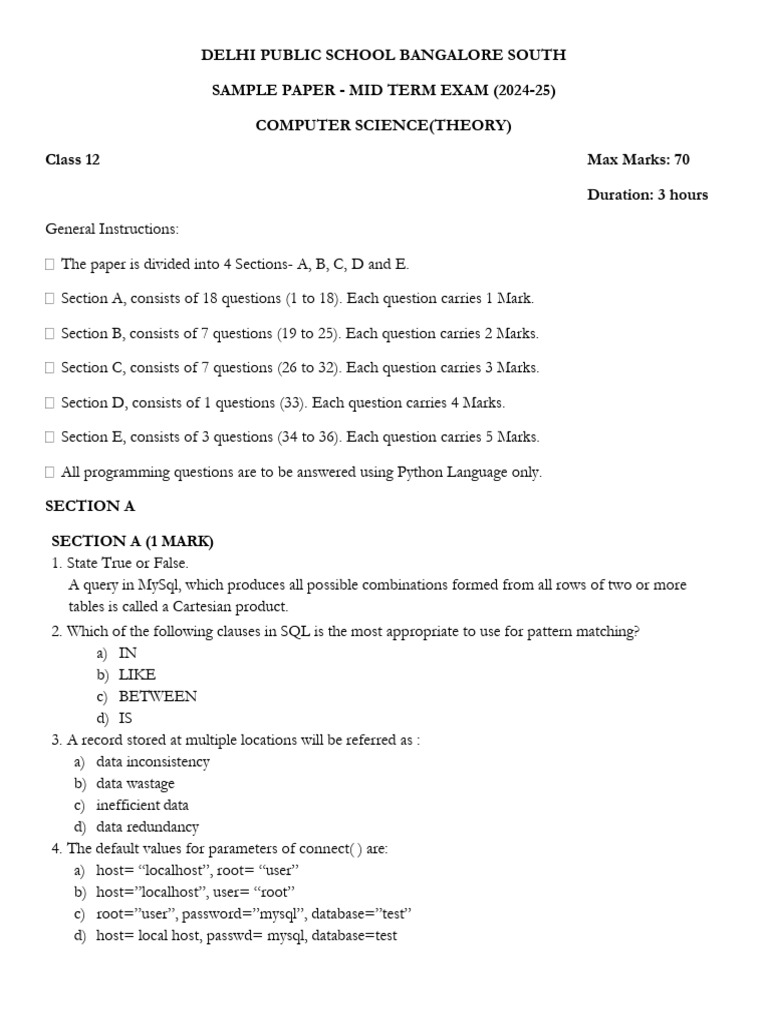 COMPUTERS-CLASS12-SAMPLE Q PAPER, Ans - MID TERM EXAM (2024-25) | PDF | Parameter (Computer ...