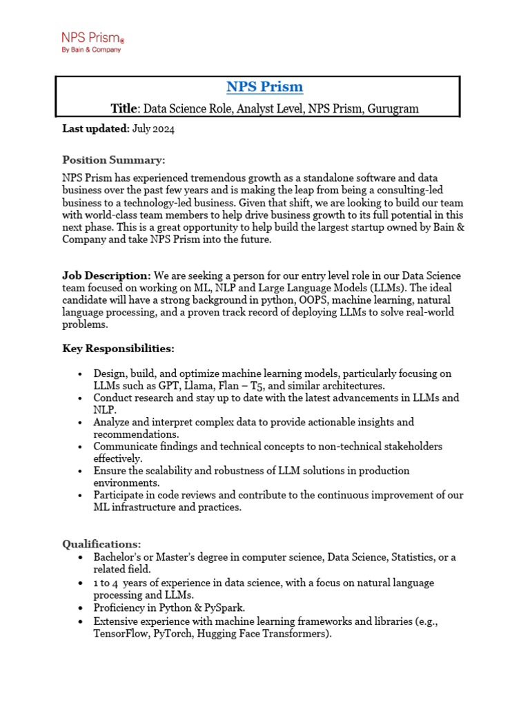 Data Science Entry Level Role Gurugram India NPS Prism | PDF | Data ...