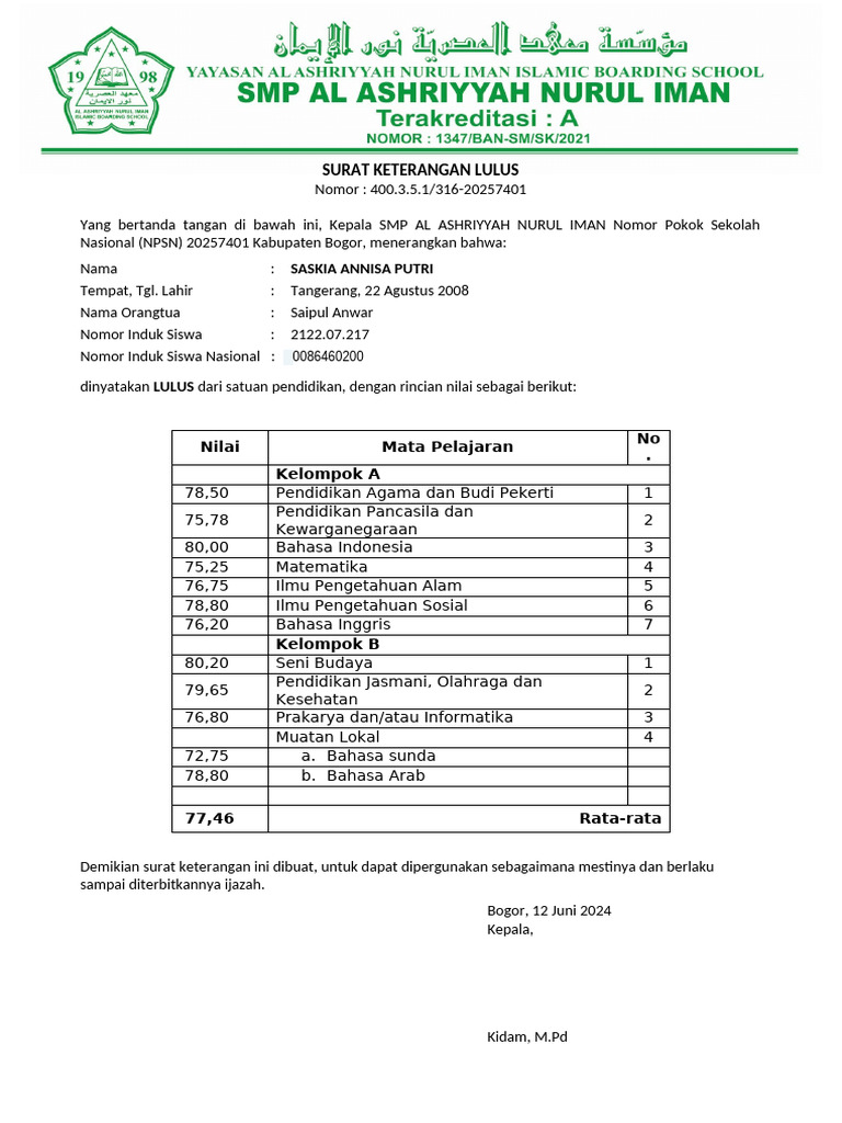 Surat Keterangan Lulus SMP 2024 | PDF