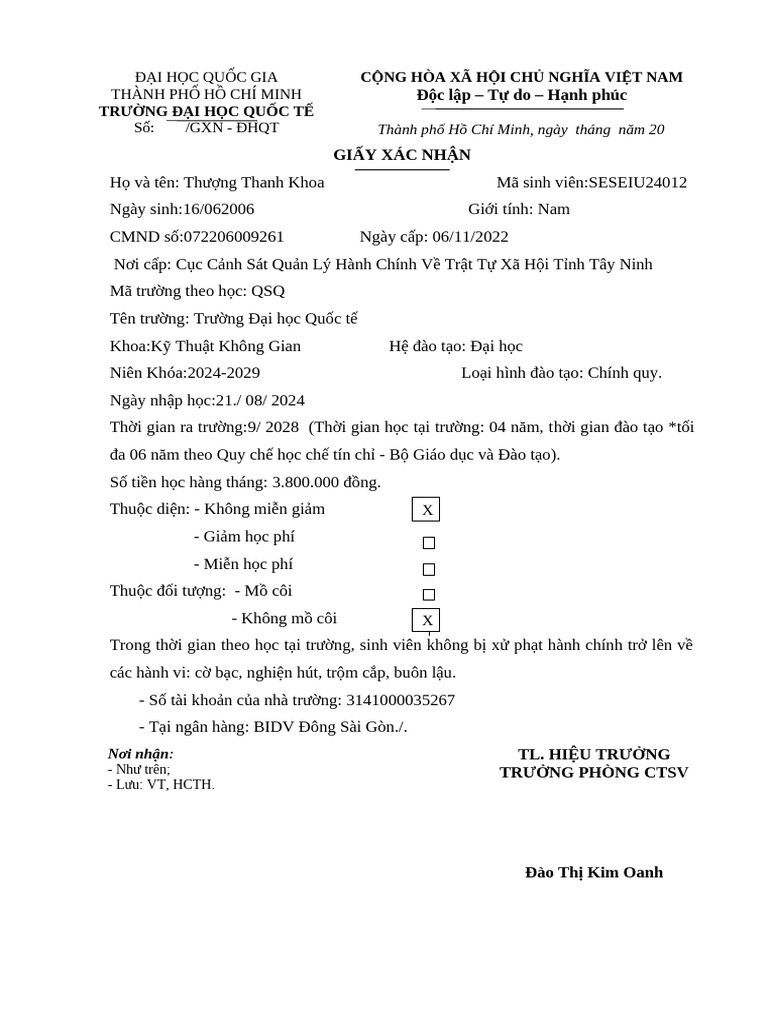 Giấy Xác Nhận Vay Vốn Sinh Viên | PDF