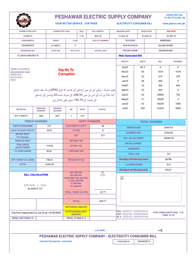PESCO Electricity Bill Summary August 2023 | PDF | Taxes | Value Added Tax