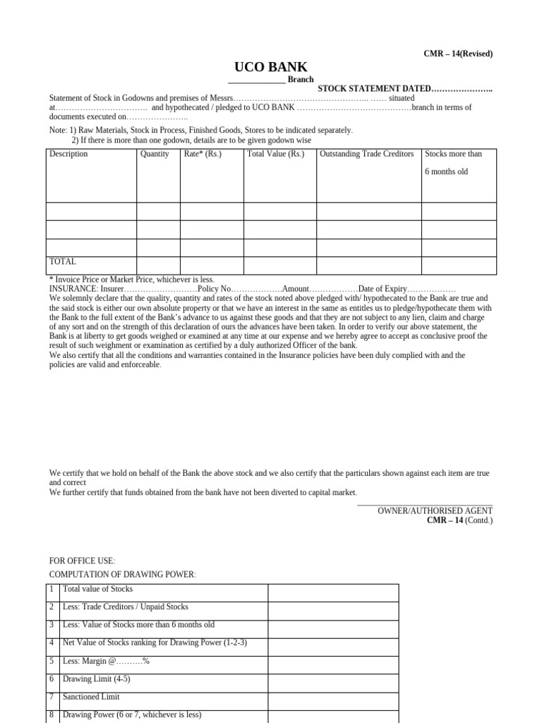 Stock Statement Format | PDF | Banks | Stocks