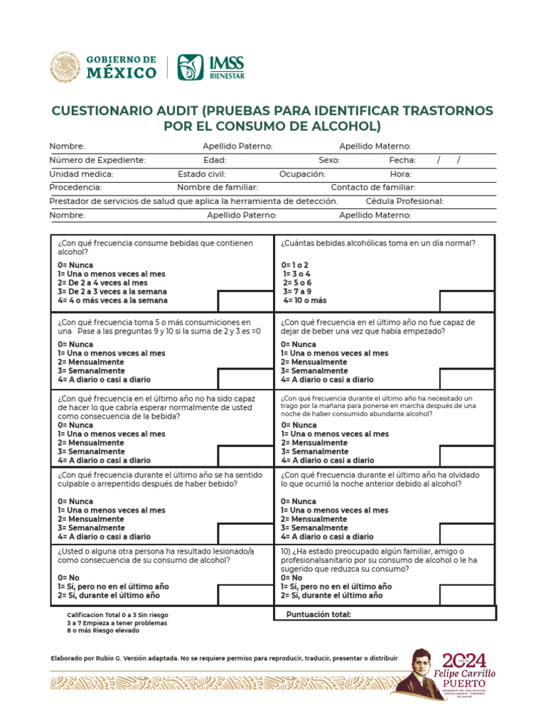 Cuestionario de Consumo de Alcohol IMSSB | PDF