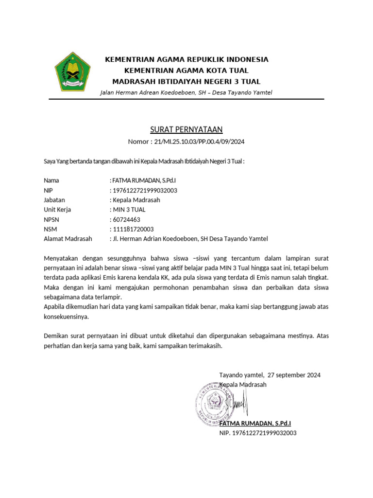 surat pernyataan data emis 2024. | PDF