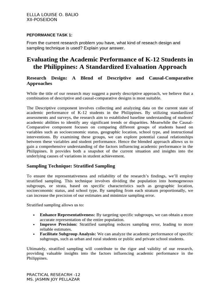 Peformance Task 1 | PDF | Sampling (Statistics) | Stratified Sampling