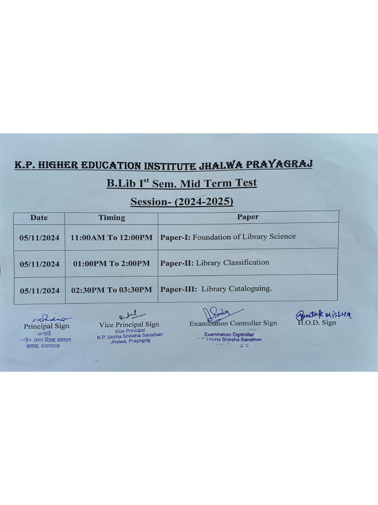 B.lib First Semester Time Table | PDF