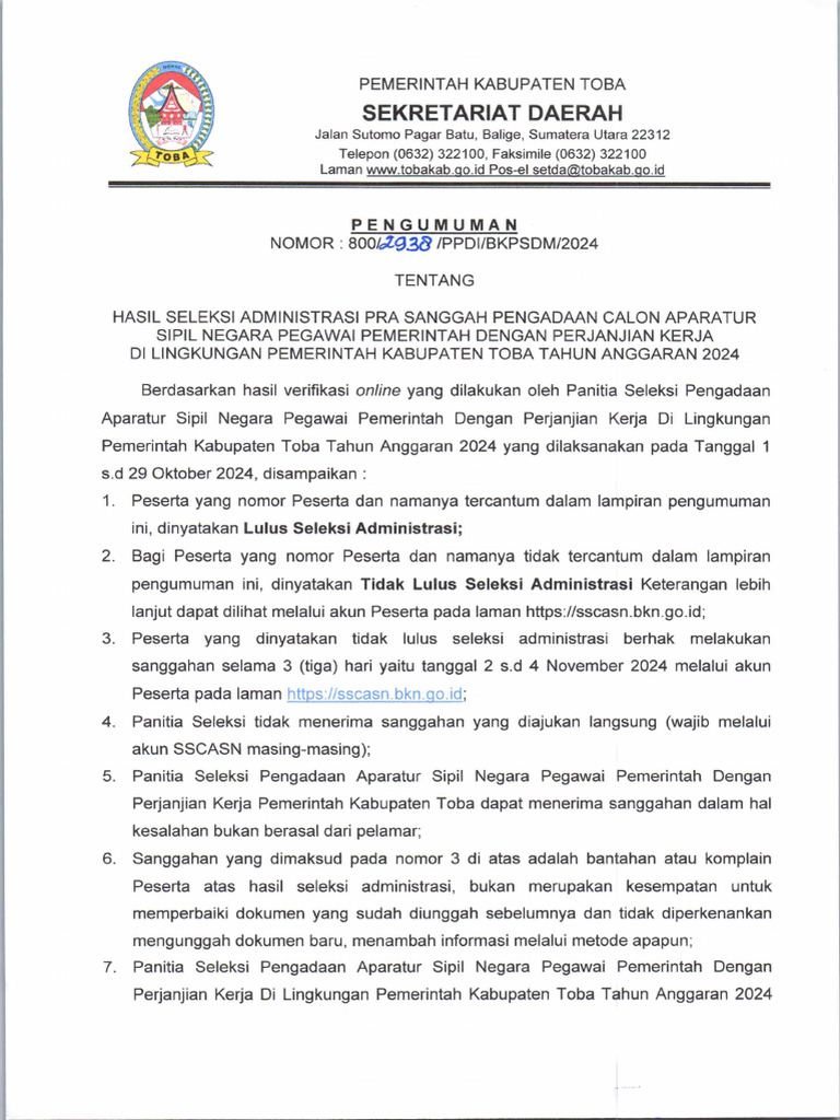 Pengumuman Hasil Seleksi Administrasi Pra Sanggah PPPK Kab Toba | PDF Pengumuman Hasil Seleksi Administrasi Pra Sanggah PPPK Kab Toba | PDF