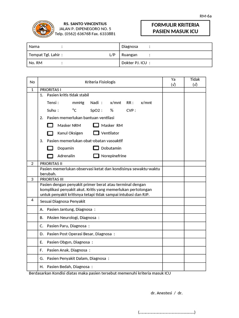 RM-6a-6b Form Kriteria Pasien Masuk Dan Keluar ICU RS Vincentius | PDF