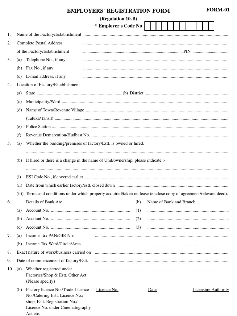 Form-01 Employer's Registration Form | Wage | Employment