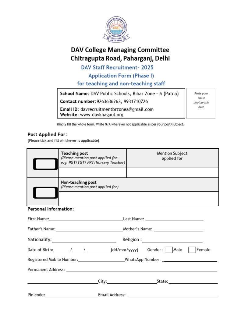 NoticeBoard - Application Form For DAV Staff Recruitment-2025 Phase-I Revised | PDF