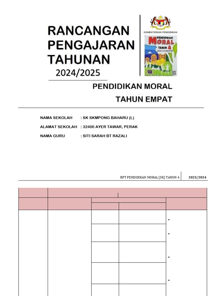 RPT Pend. Moral Tahun 4 2024 | PDF
