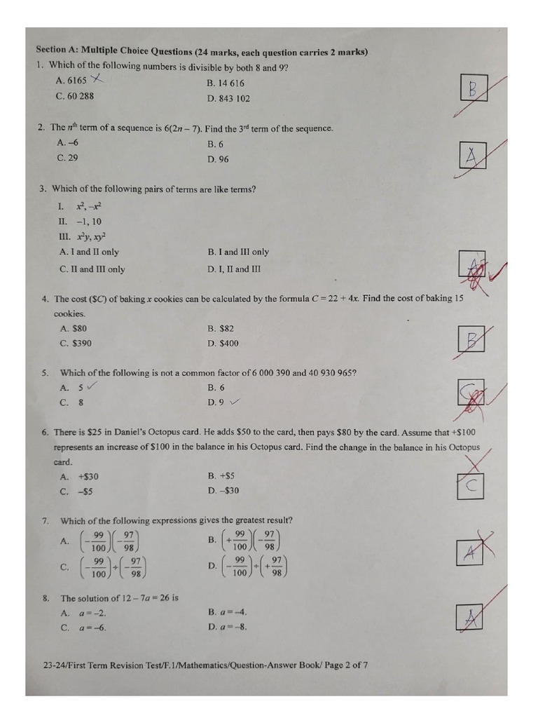 F1 - Math - First Term Revision Test | PDF