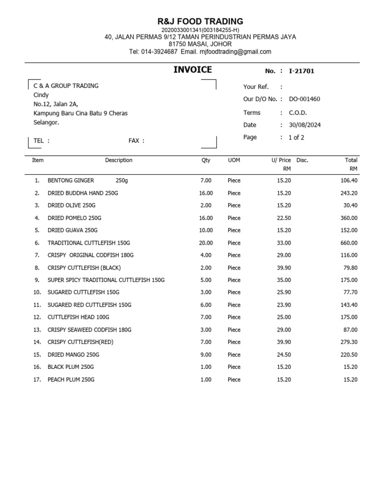 Invoice: R&J Food Trading | PDF | Malaysia | Dollar