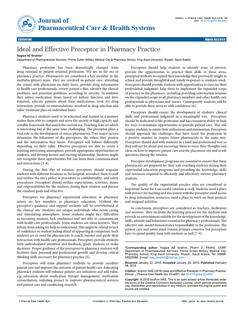 Ideal and Effective Preceptor in Pharmacy Practice 2376 0419 S2 E001 ...