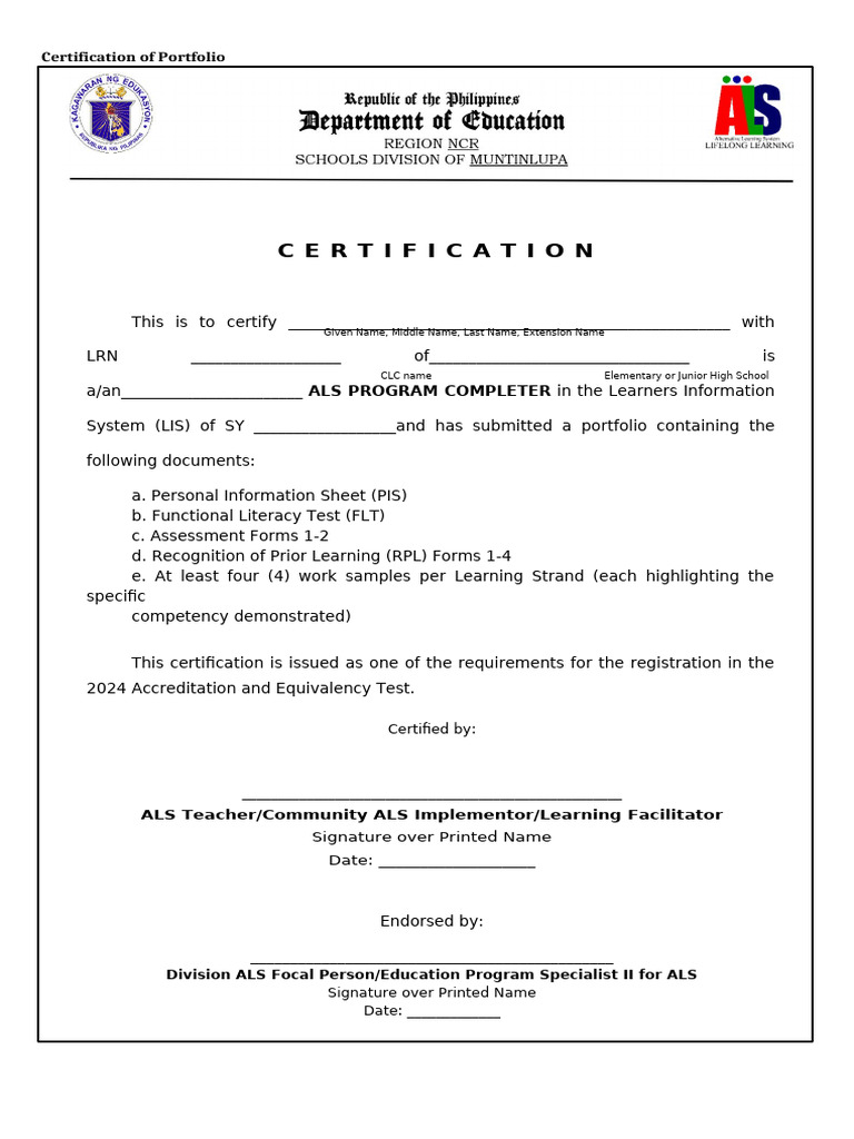 CERTIFICATION of PORTFOLIO | PDF | Business