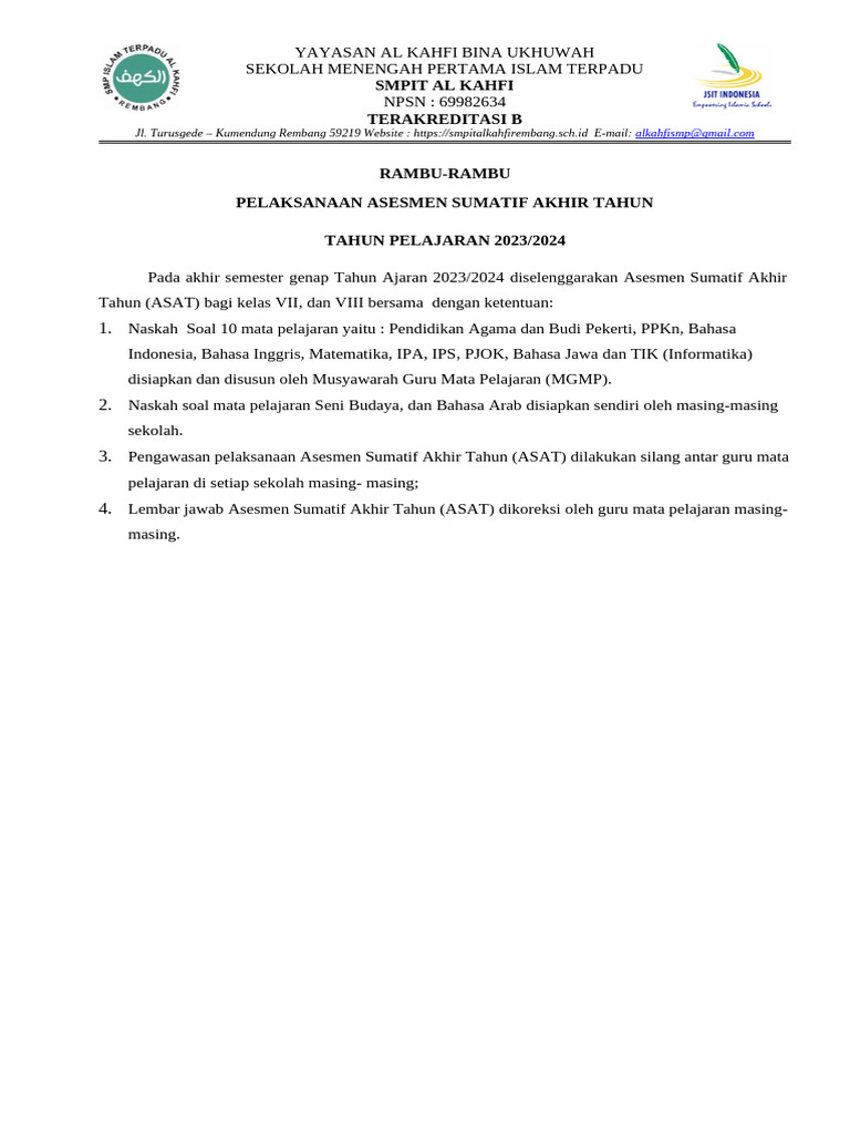 Jadwal, Timeline, Peserta ASAT TA. 2023-2024 | PDF