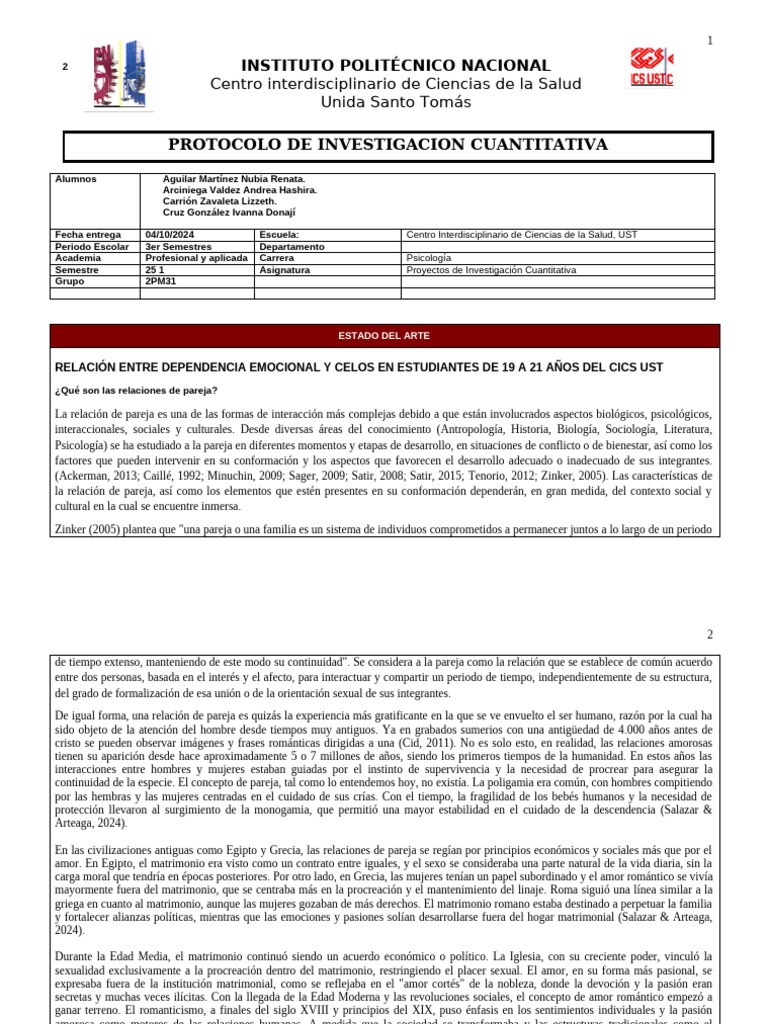Formato de Protocolo de Investigación Cuantitativa | PDF | Amor | Celos