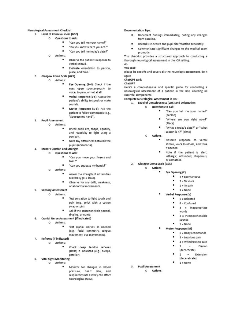 Neurological Assessment Checklist | PDF | Medical Emergencies | Central ...