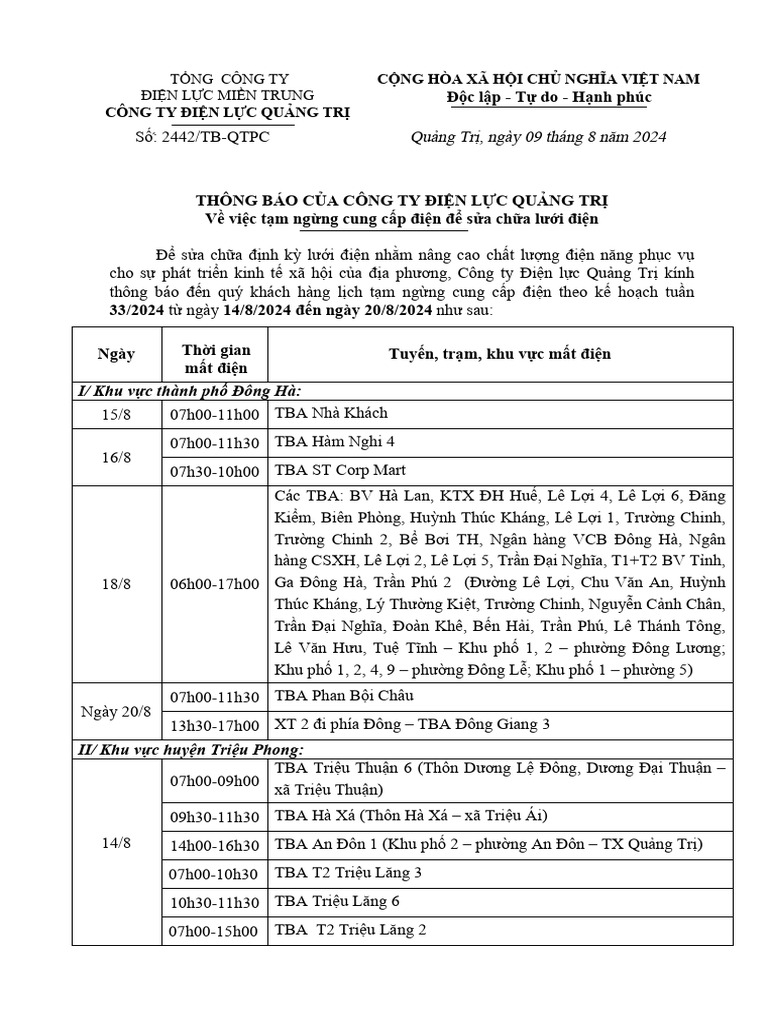Thong Bao Mat Dien Tuan 33-2024 | PDF
