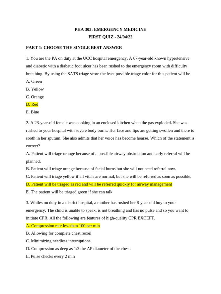 Emergency Medicine Quiz: Triage & CPR | PDF | Cardiopulmonary ...