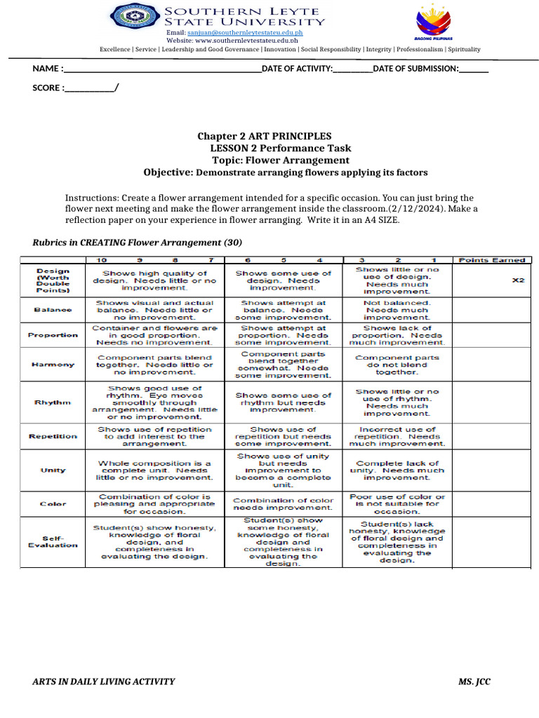 Arts in Daily Living Series of Activities Performance Task Chapter 2 ...