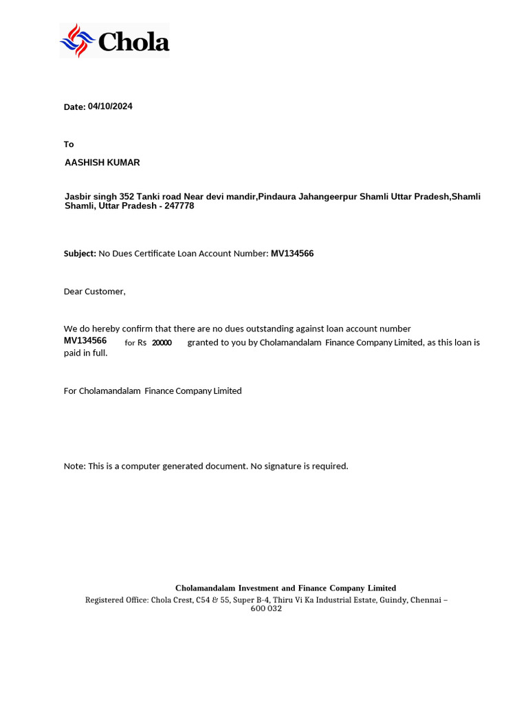 Date:: Registered Office: Chola Crest, C54 & 55, Super B-4, Thiru Vi Ka ...