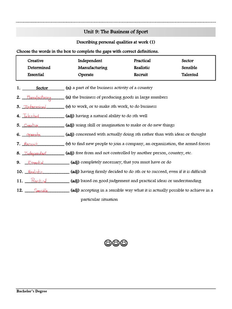 Unit 9 The Business of Sport Describing Personal Qualities at Work ...