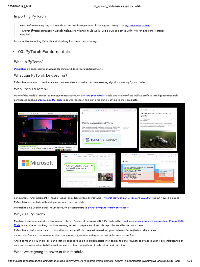 00 Pytorch Fundamentals - Ipynb - Colab | PDF | Matrix (Mathematics) | Machine Learning