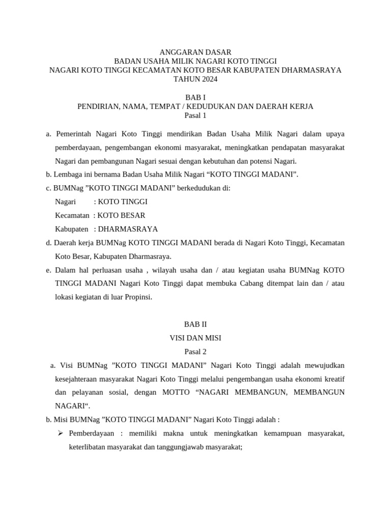 Anggaran Dasar Bumnag Koting | PDF