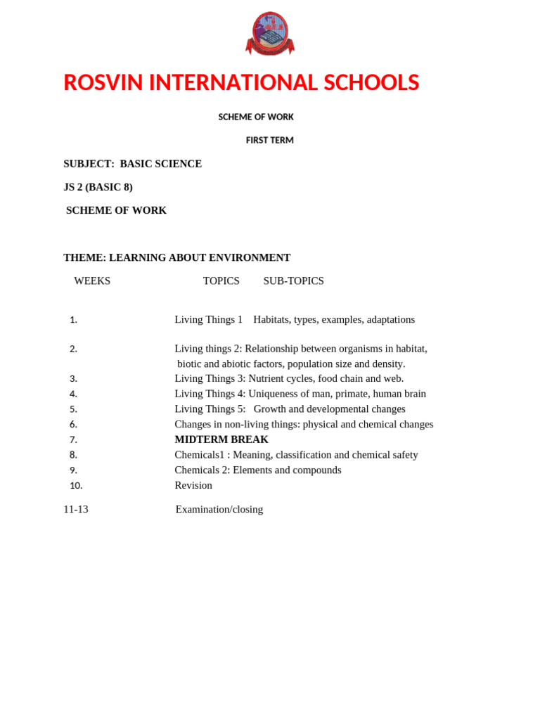 Basic Science Scheme Jss2 and 3 First Term | PDF | Natural Environment ...