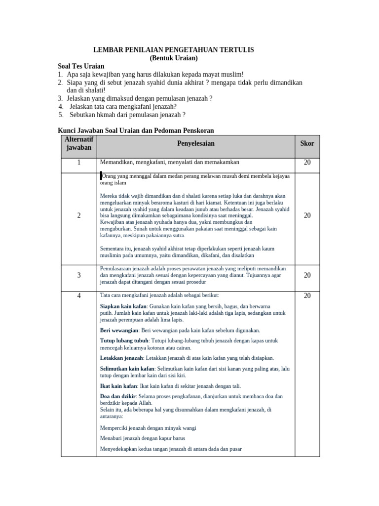 Lembar Penilaian Pengetahuan Tertulis | PDF
