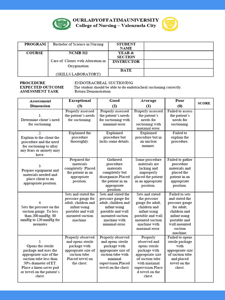 NURSING NCMB 312 SL RUBRICS Endotracheal Suctioning 1 | PDF ...