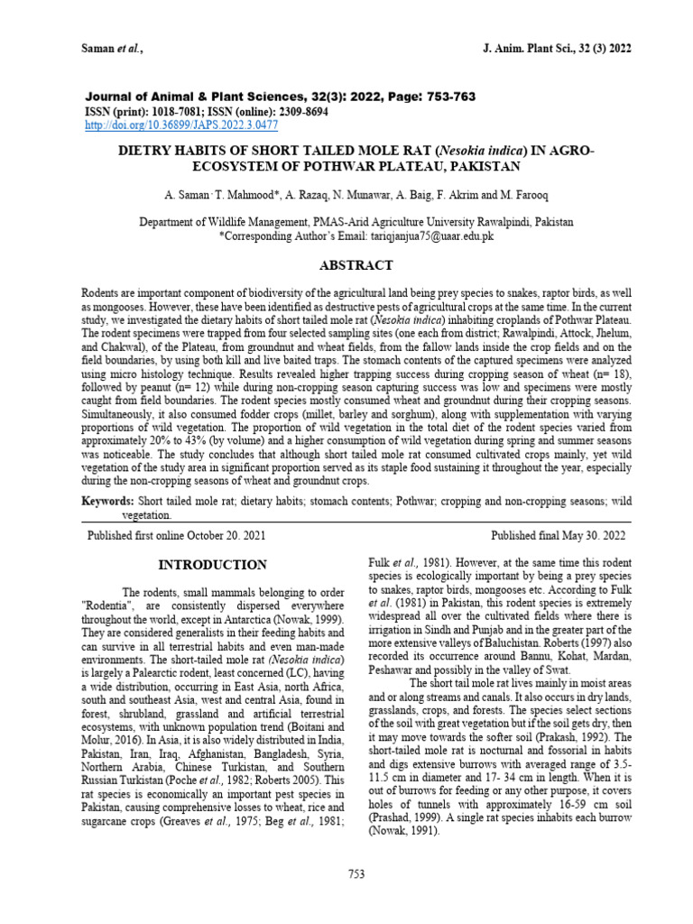 2022 - Dietary Habits of Short Tailed Mole Rat (Nesokia Indica) | PDF ...