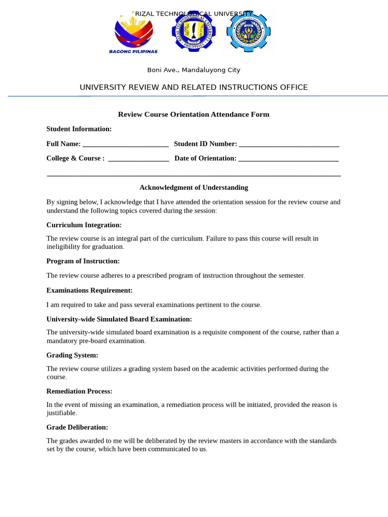 Review Course Orientation Attendance Form 1 | PDF | Business
