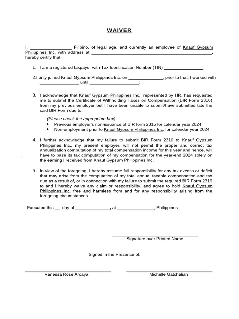BIR 2316 Waiver Template | PDF